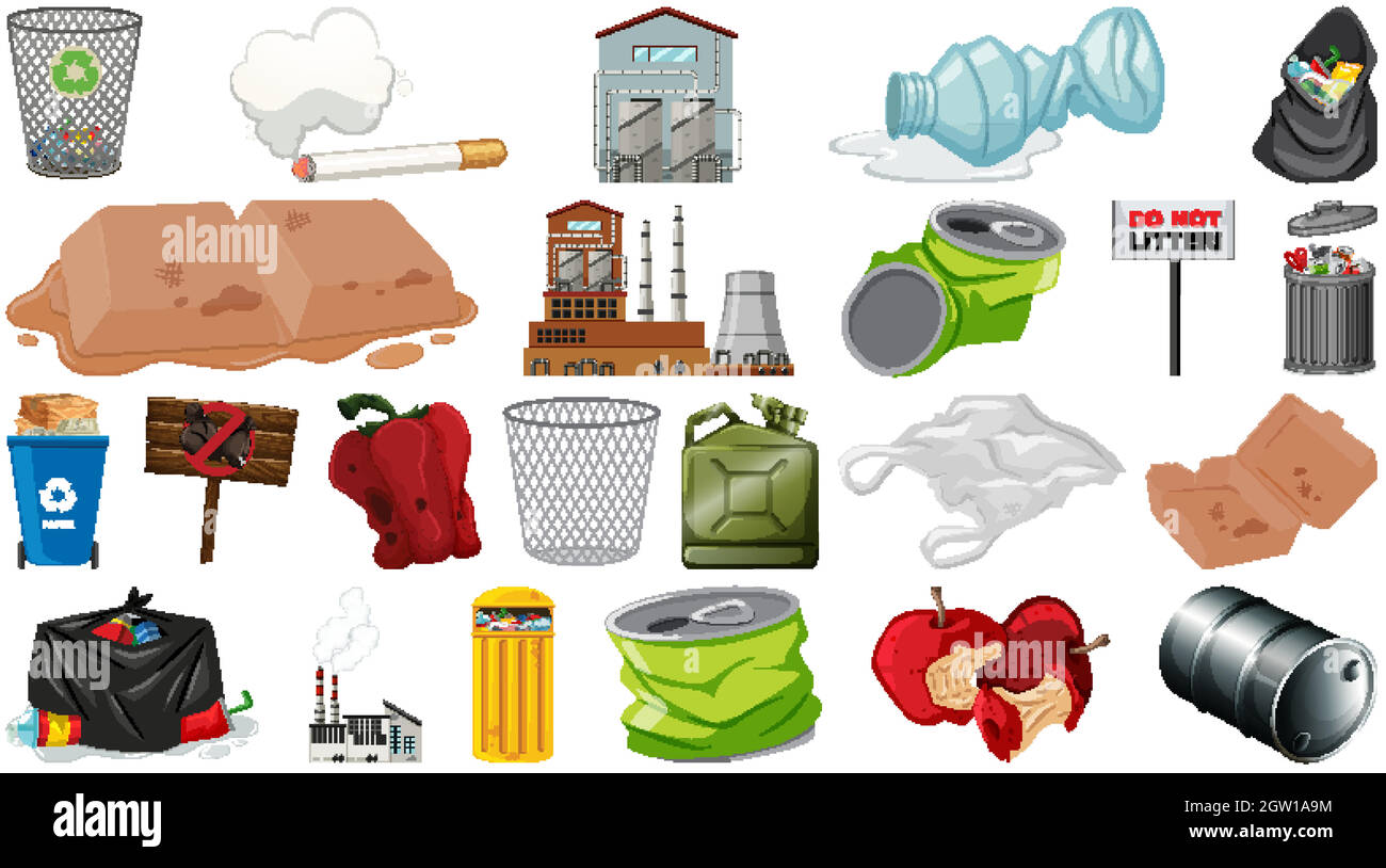 Pollution, litter, rubbish and trash objects isolated Stock Vector ...
