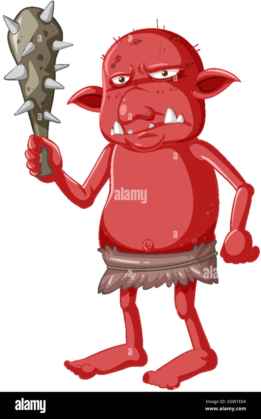 Red goblin or troll holding hunting tool in cartoon character isolated ...