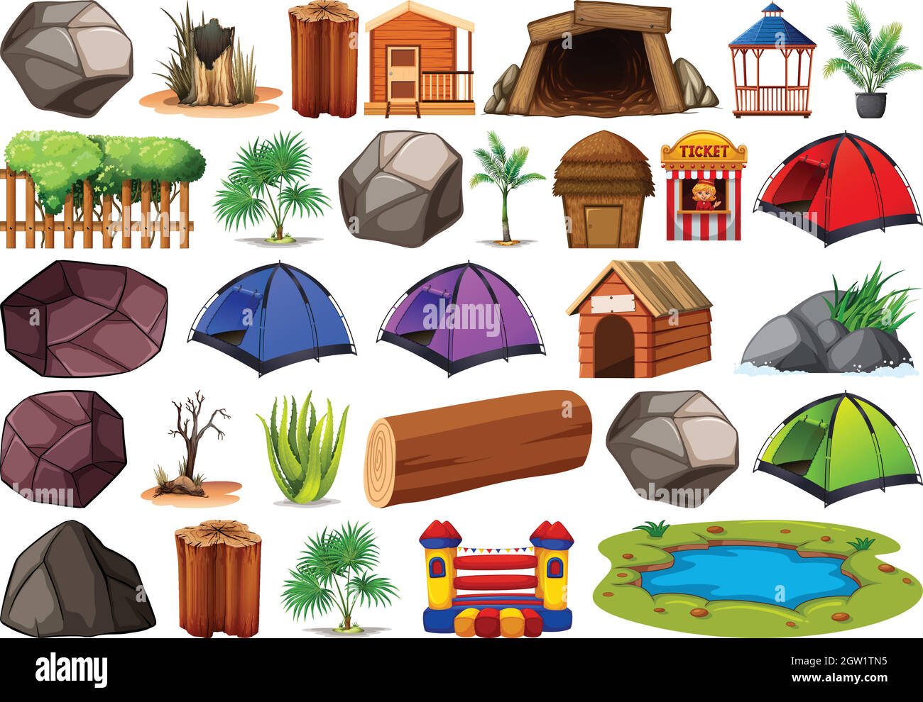 Collection of outdoor nature themed objects and plant elements Stock ...
