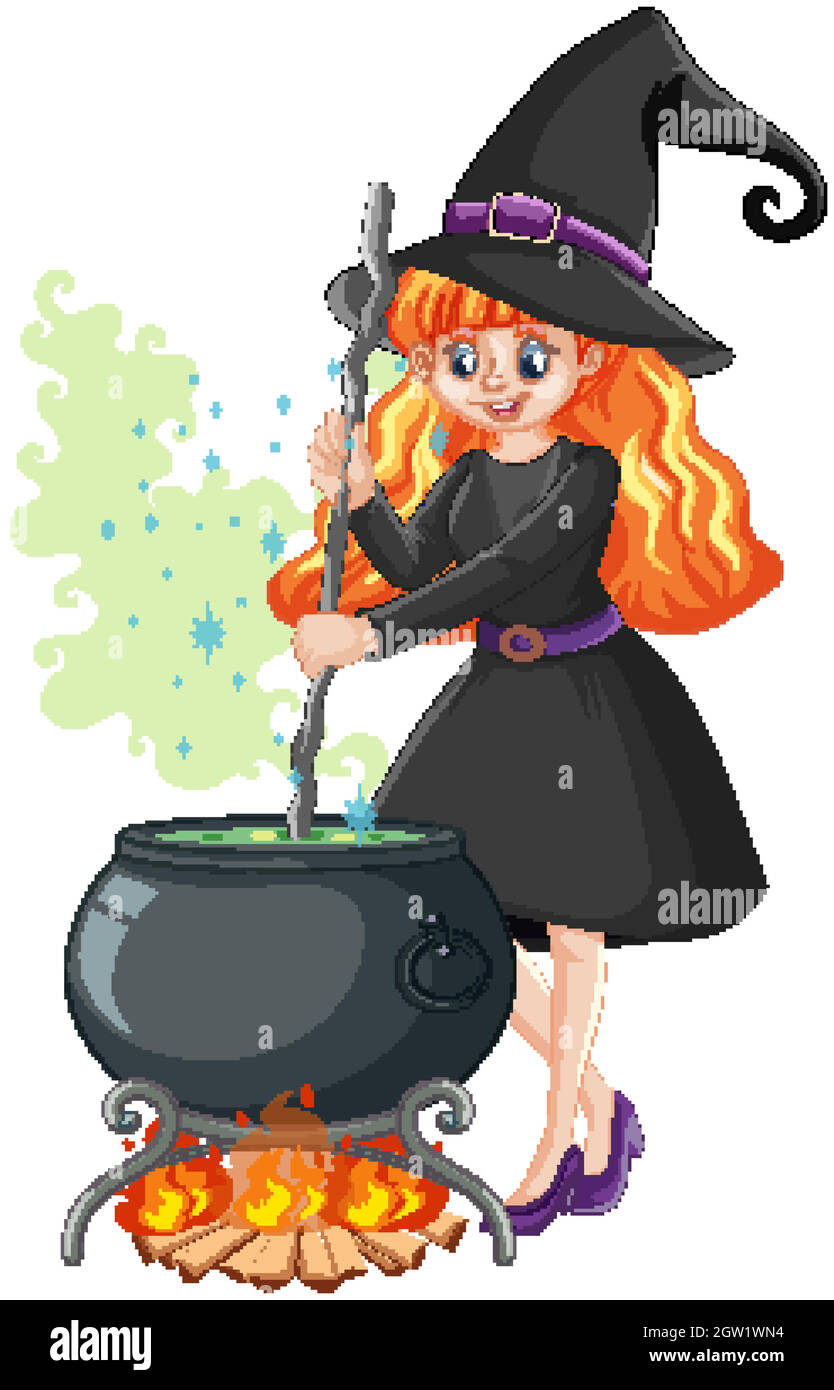 Young beautiful witch with black magic pot cartoon style isolated on ...