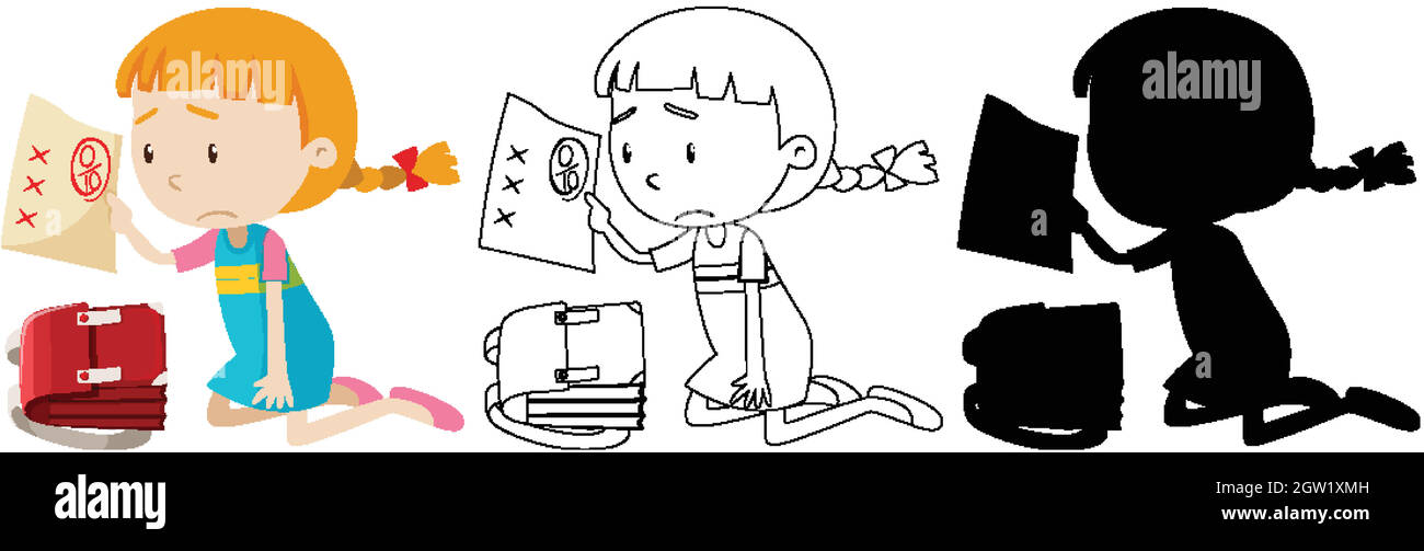 Girl have bad exam mark with its outline and silhouette Stock Vector ...