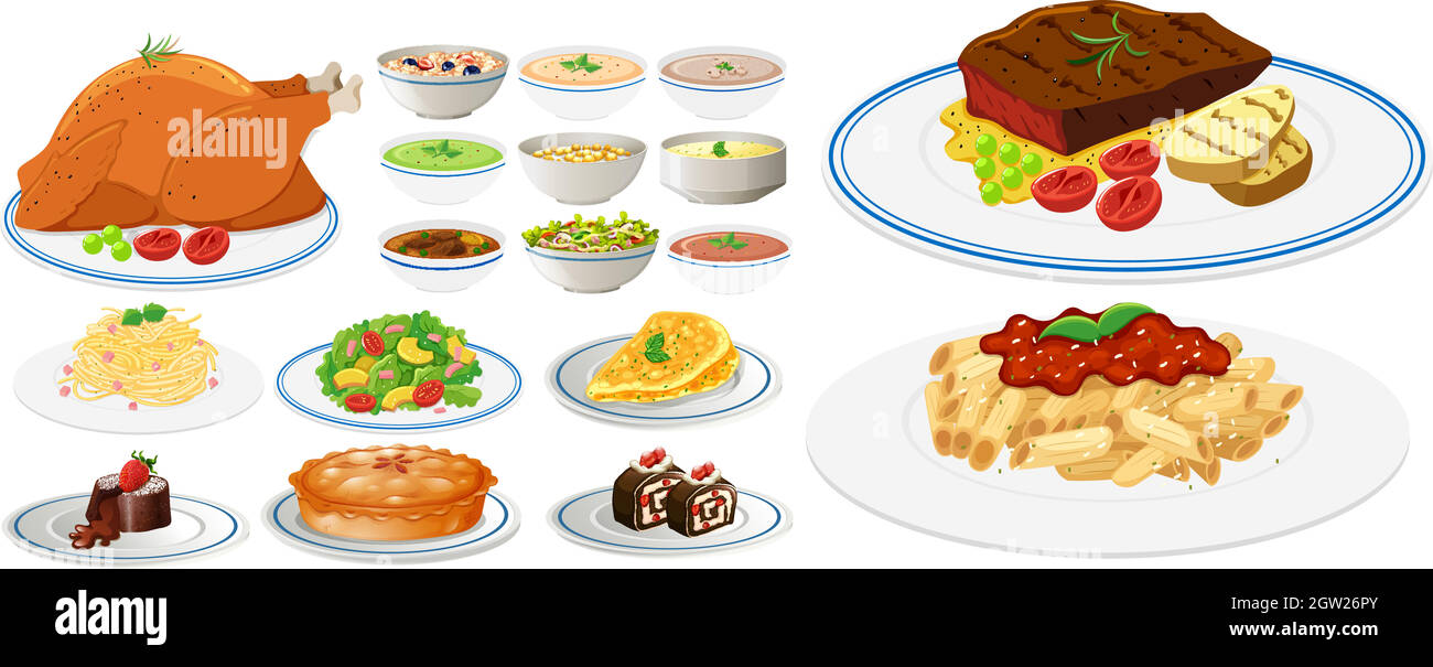 Different types of food on plates Stock Vector Image & Art - Alamy