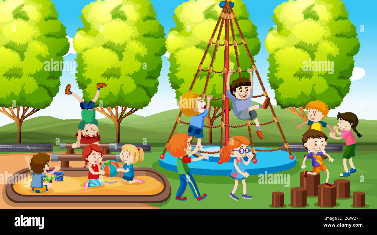 Active boys and girls playing sport and fun activities outside Stock ...