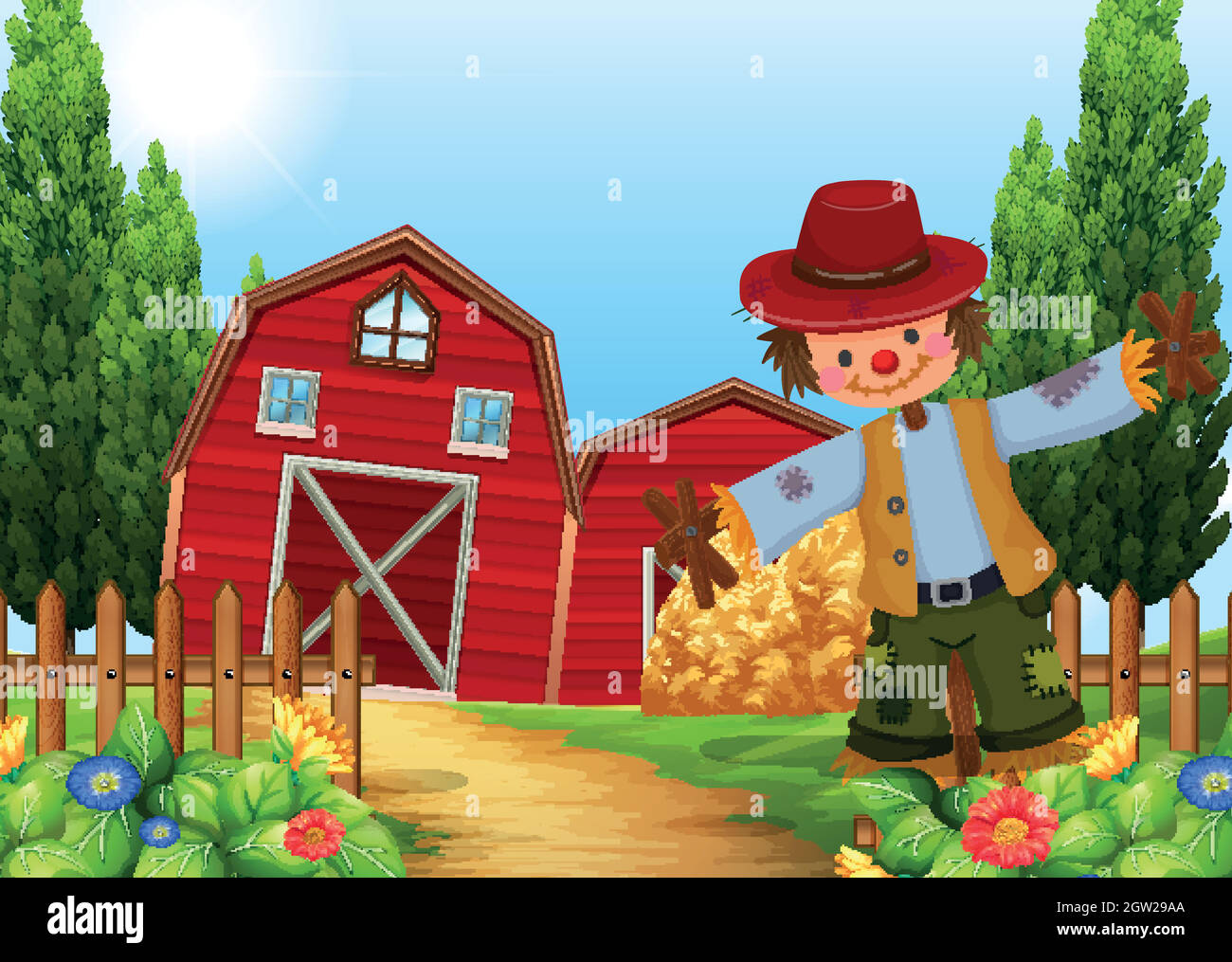 Scene with scarecrow and barns Stock Vector Image & Art - Alamy