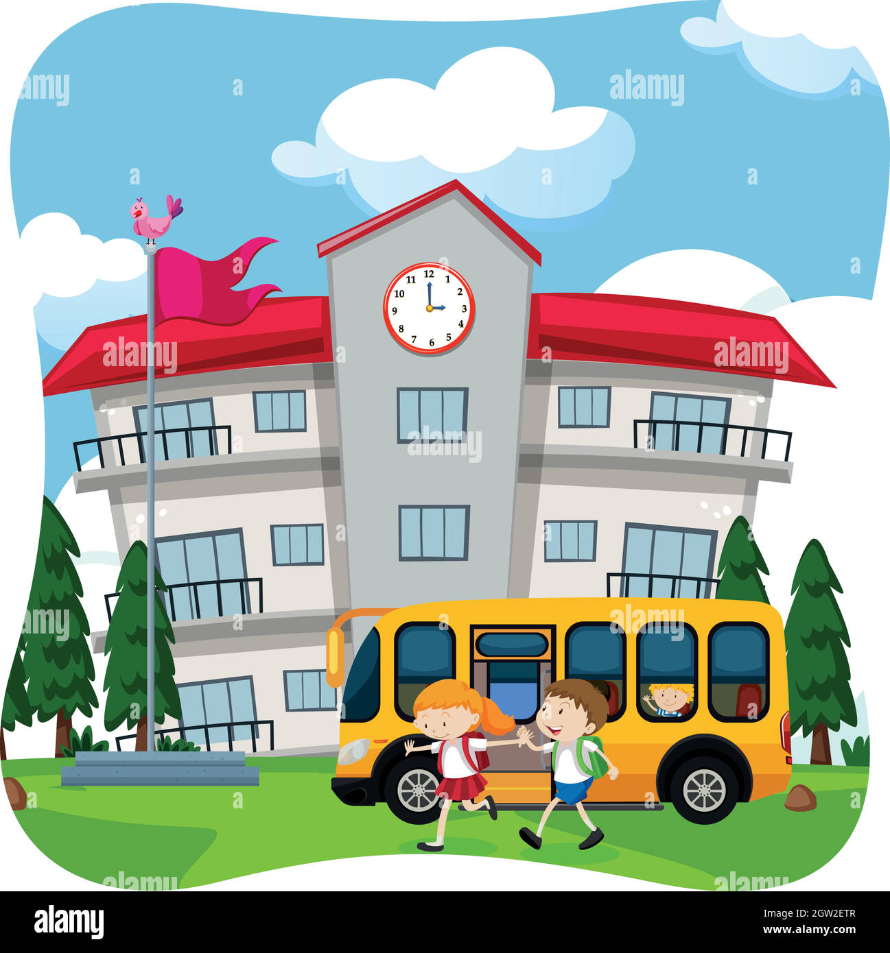 Children and School Bus at School Stock Vector Image & Art - Alamy