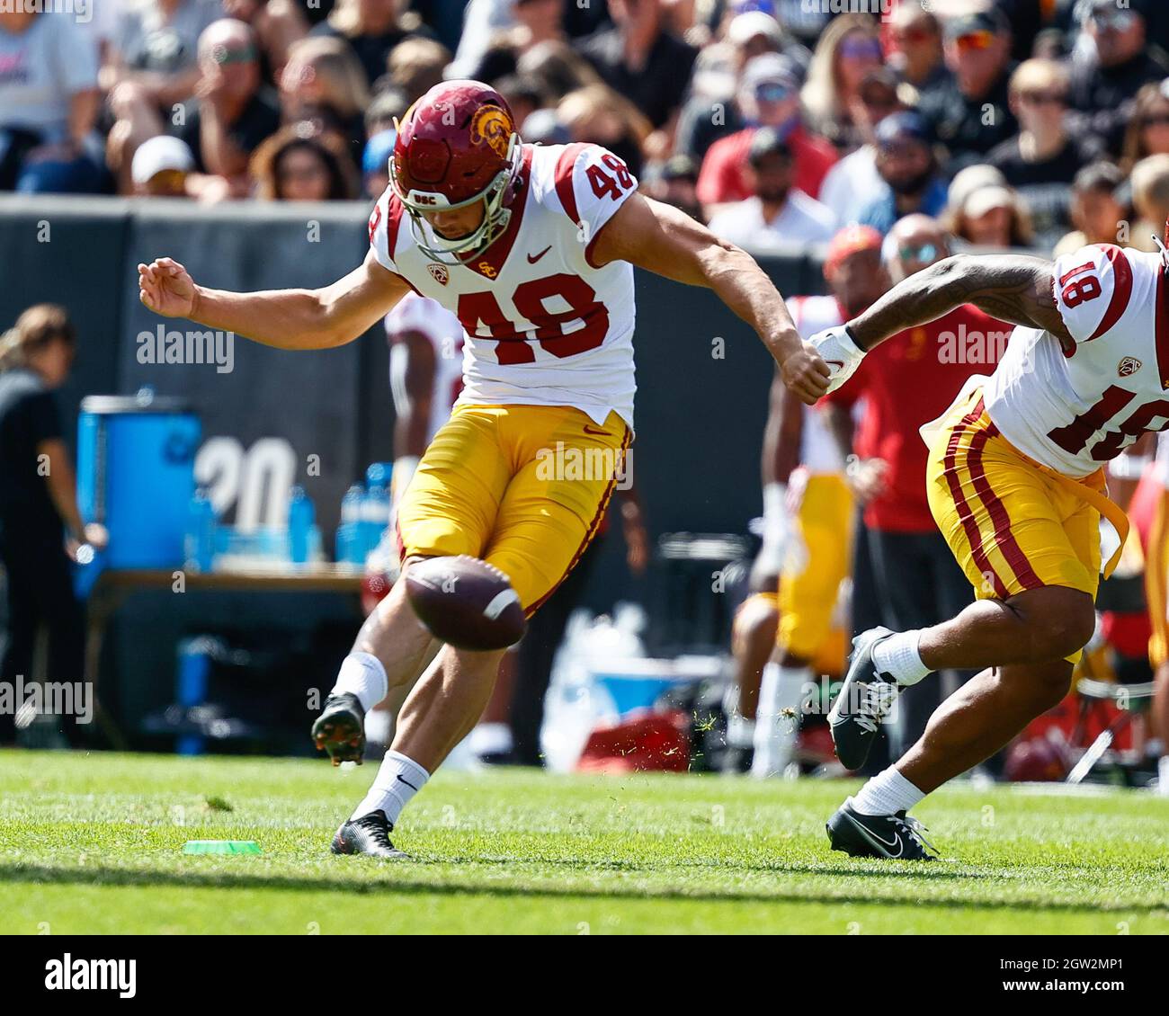 October 02, 2021: USC Trojans placekicker Parker Lewis (48) kicks off ...