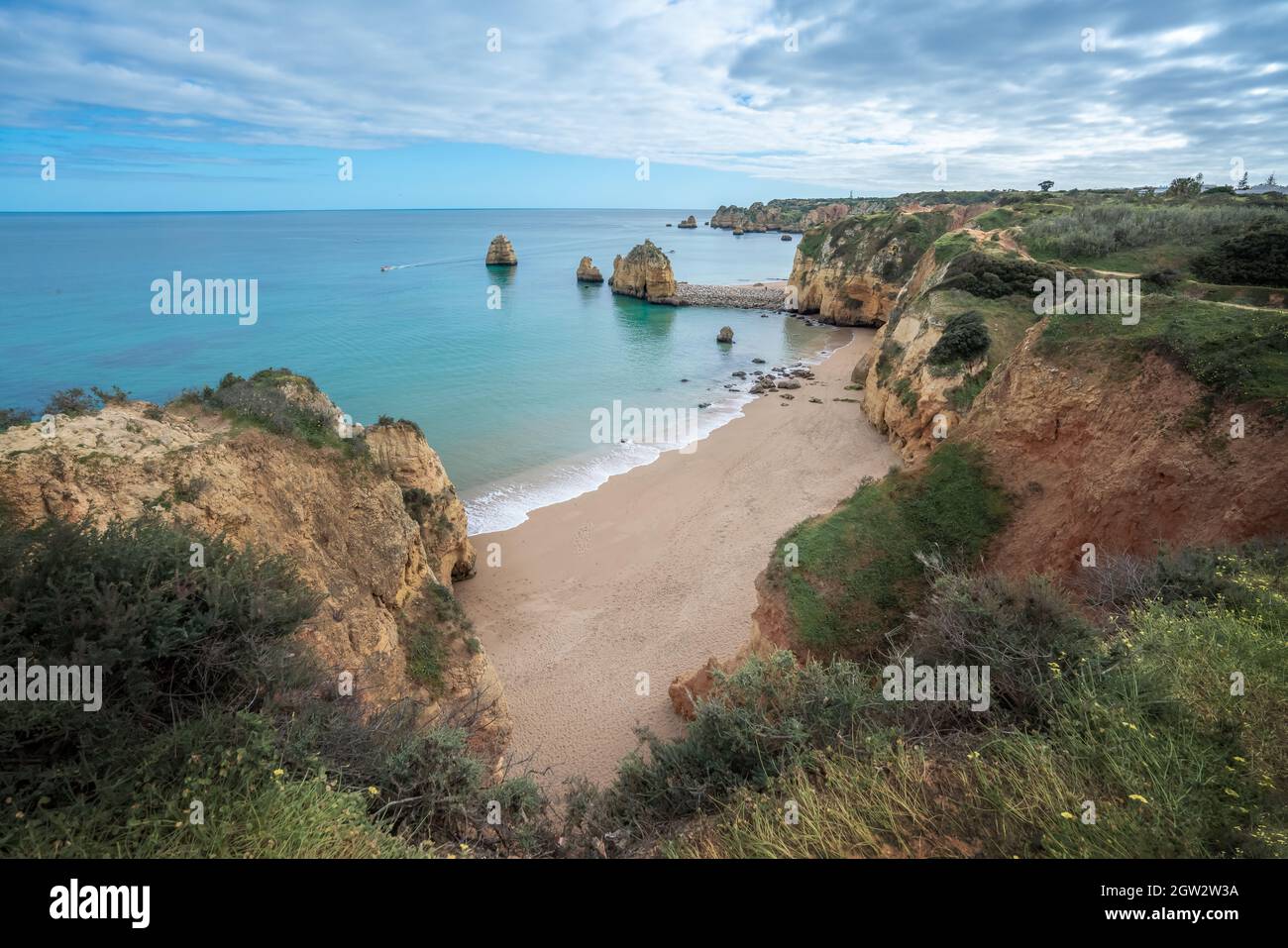 Aerial view of Praia do Pinhao Beach - Lagos, Algarve, Portugal Stock ...