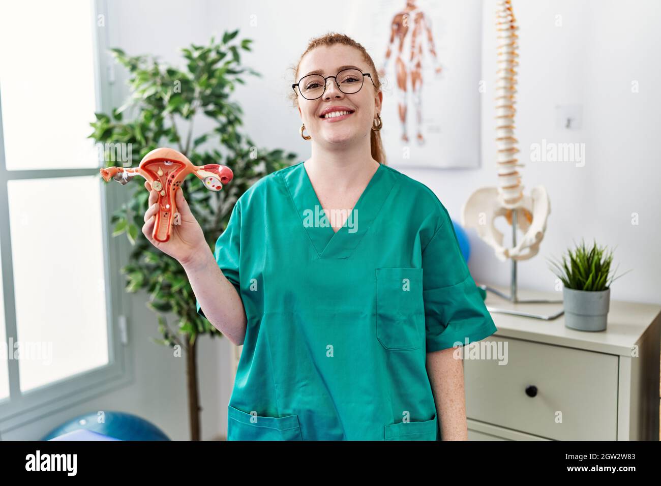 Young redhead doctor woman holding anatomical model of female genital ...