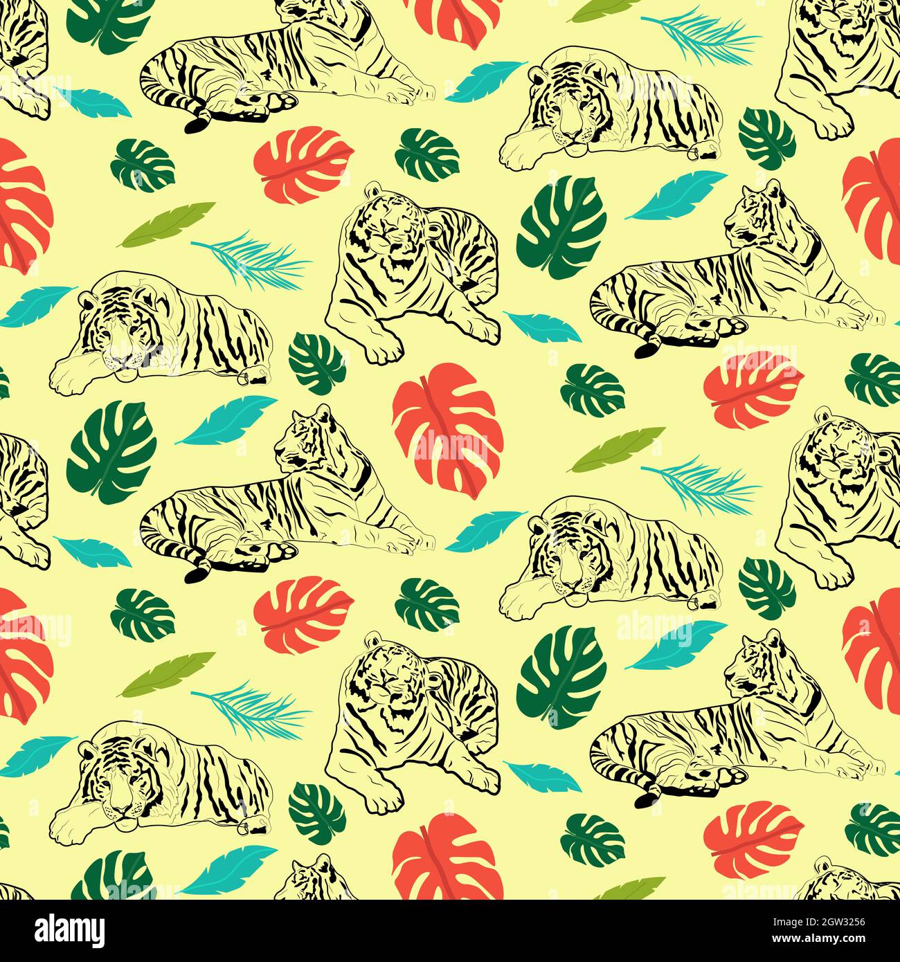 Pattern with Chinese tiger and tropical leaves. Vector illustration ...