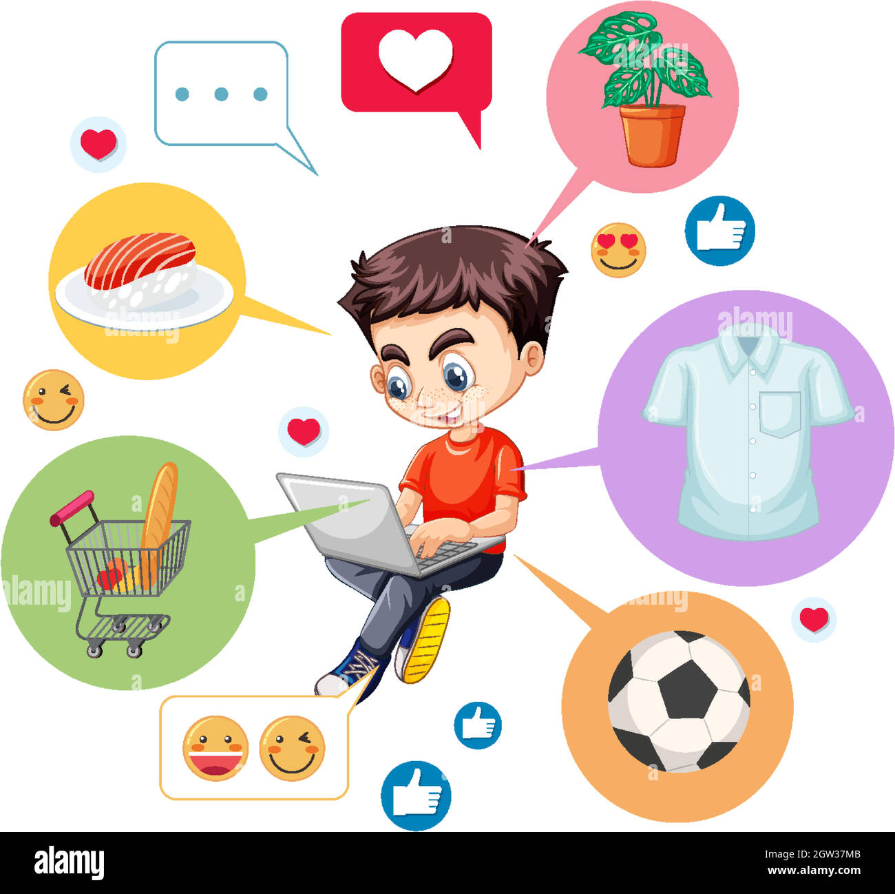 Boy in red shirt searching on laptop with icon searching cartoon ...