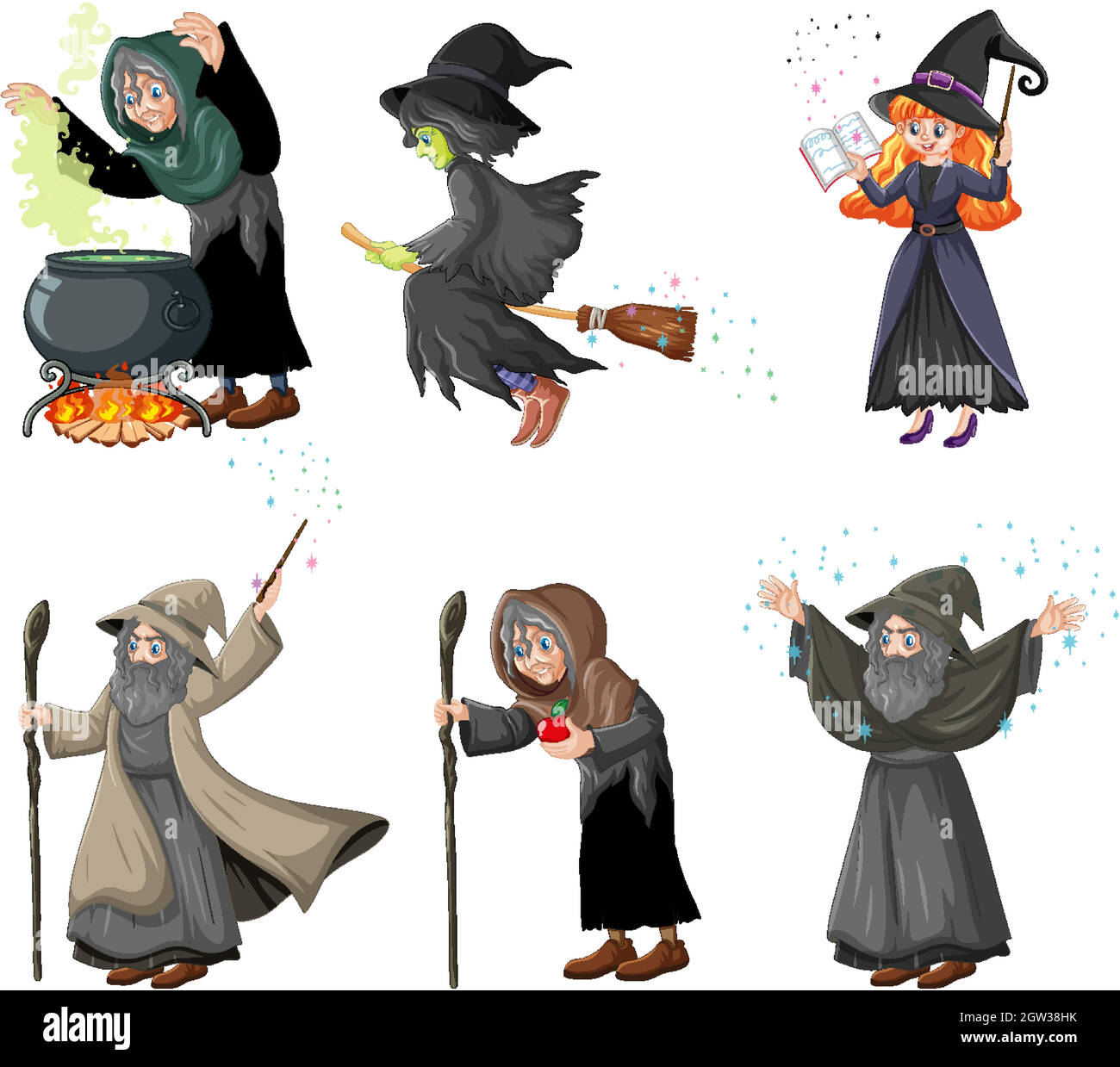 Set of wizard or witches with magic tools cartoon style isolated on ...