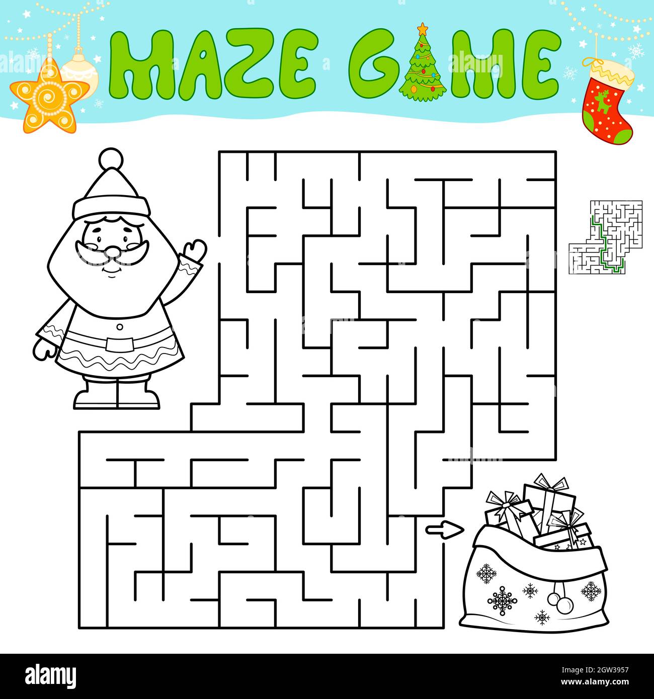 Christmas Maze puzzle game for children. Outline maze or labyrinth game with Santa claus Stock ...
