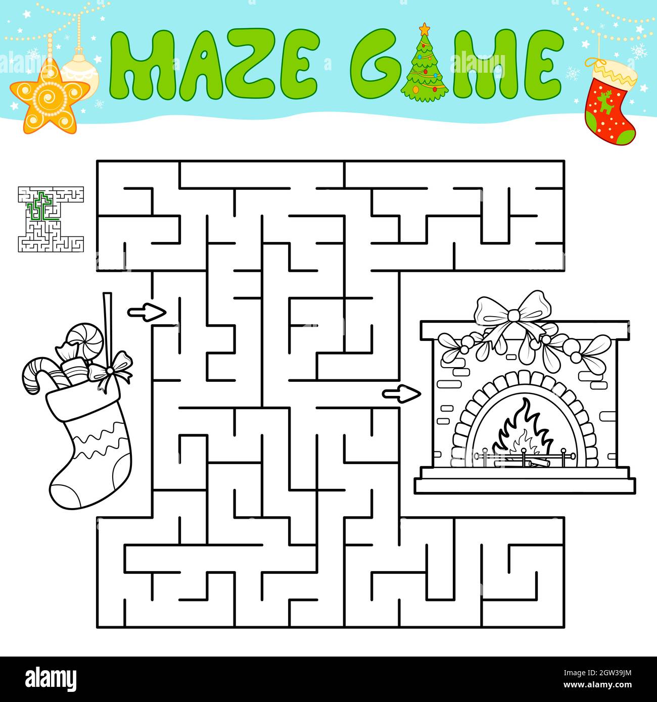 Christmas Maze puzzle game for children. Outline maze or labyrinth game ...