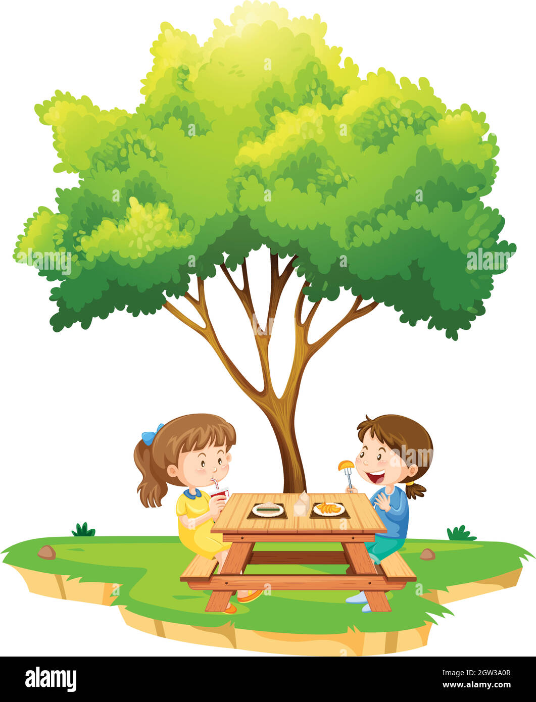 Two girls eating under a tree Stock Vector Image & Art - Alamy