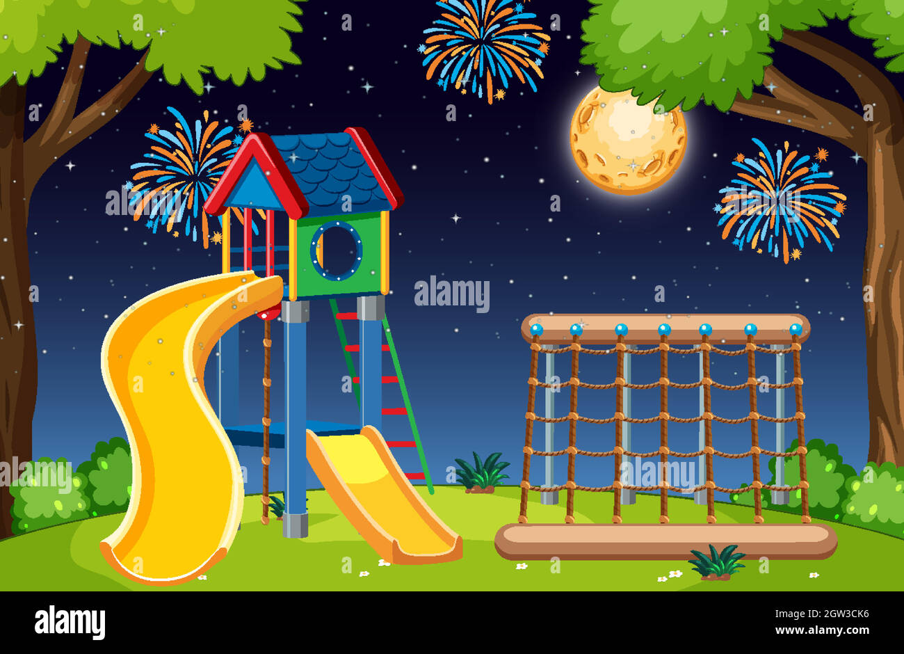 Kids playground in the park with big moon and fireworks in the sky at ...