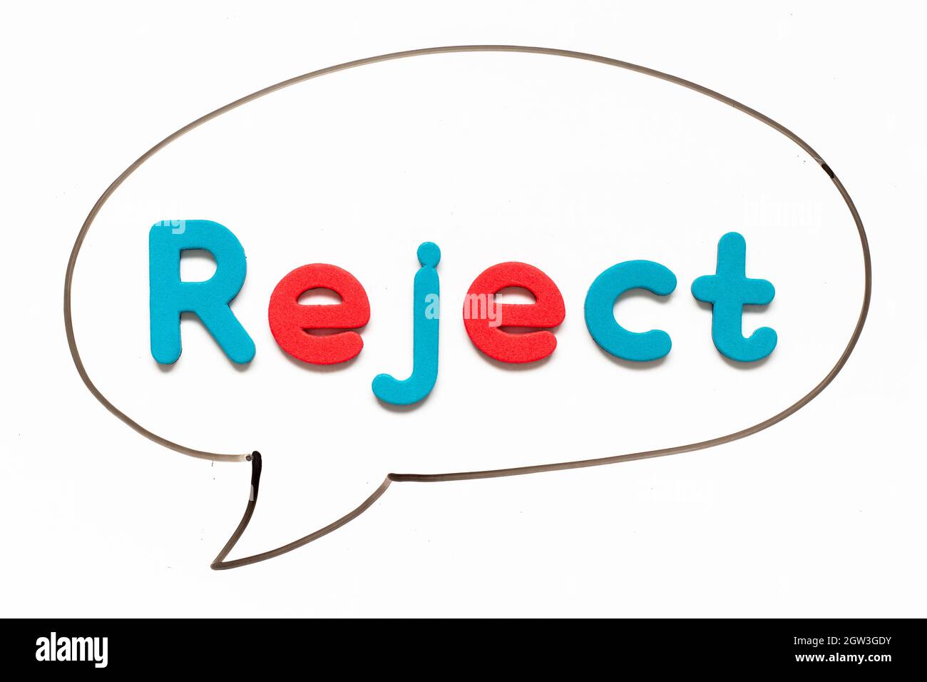 Alphabet letter with word reject in black line hand drawing as bubble ...