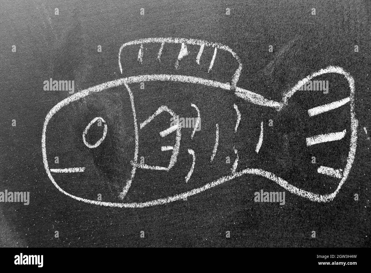 White color chalk hand drawing as fish shape on black board background ...