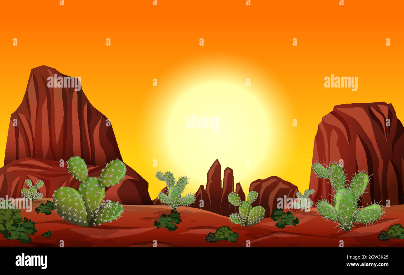 Desert with rock mountains and cactus landscape at sunset scene Stock ...