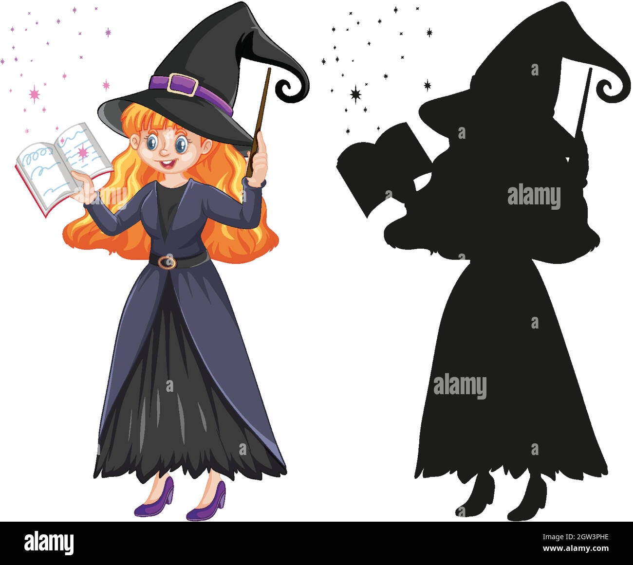 Young beautiful witch holding magic wand and book in color and ...