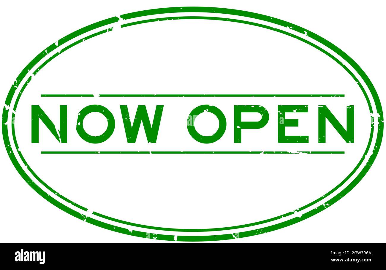 Grunge green now open word oval rubber seal stamp on white background ...