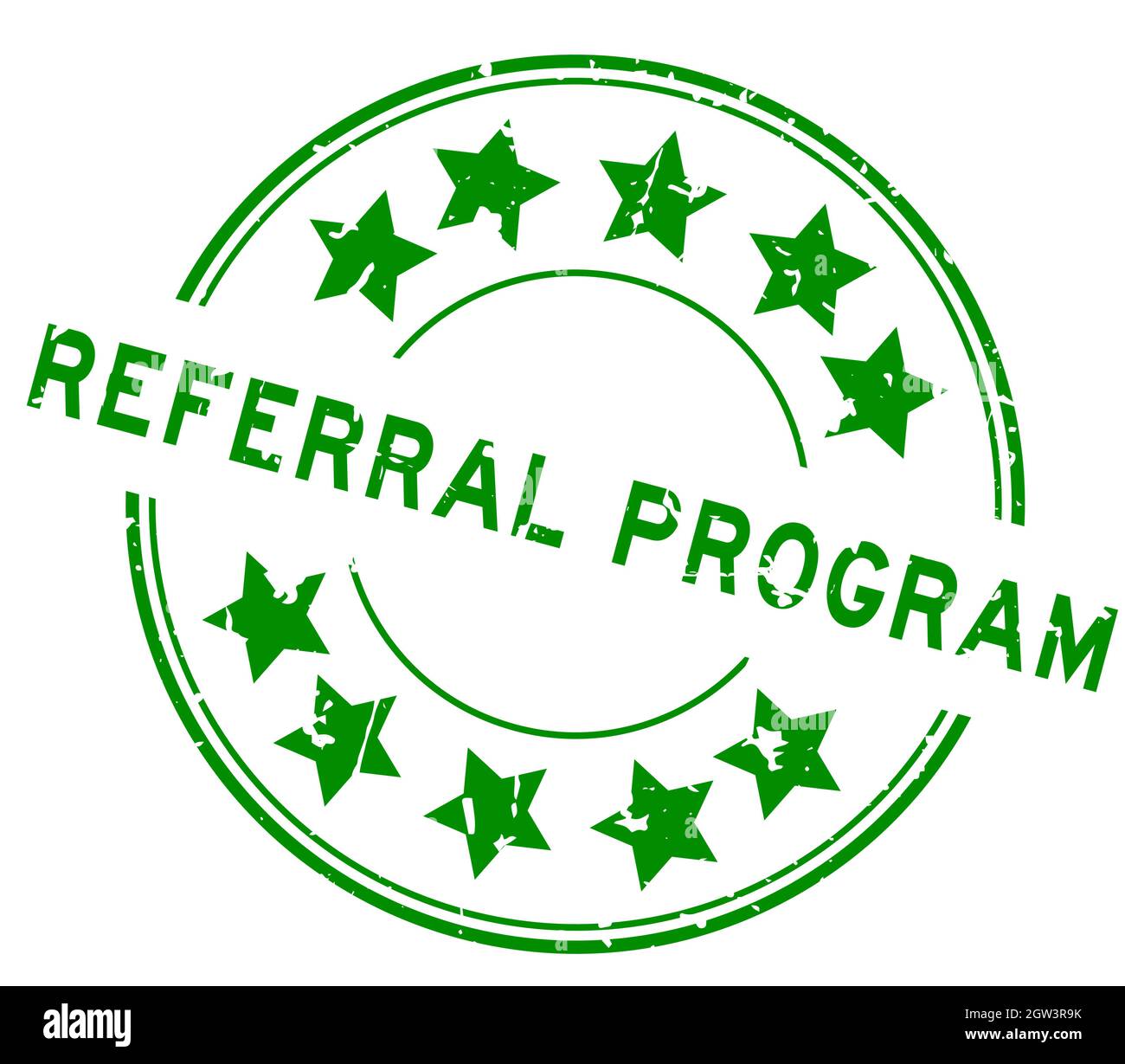 Grunge green referral program word with star icon round rubber seal ...