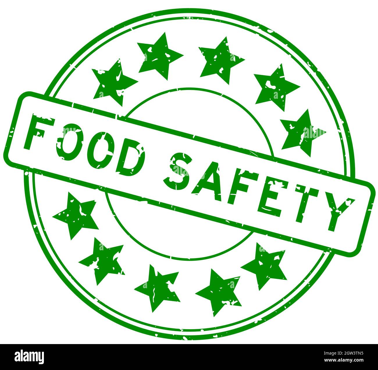 Grunge green food safety word with star icon round rubber seal stamp on ...