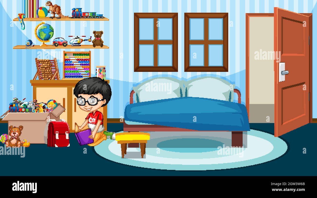 Scene with boy reading book in the bedroom Stock Vector Image & Art - Alamy