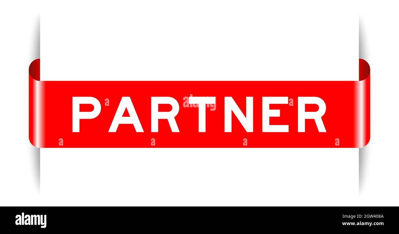 Red color inserted label banner with word partner on white background ...
