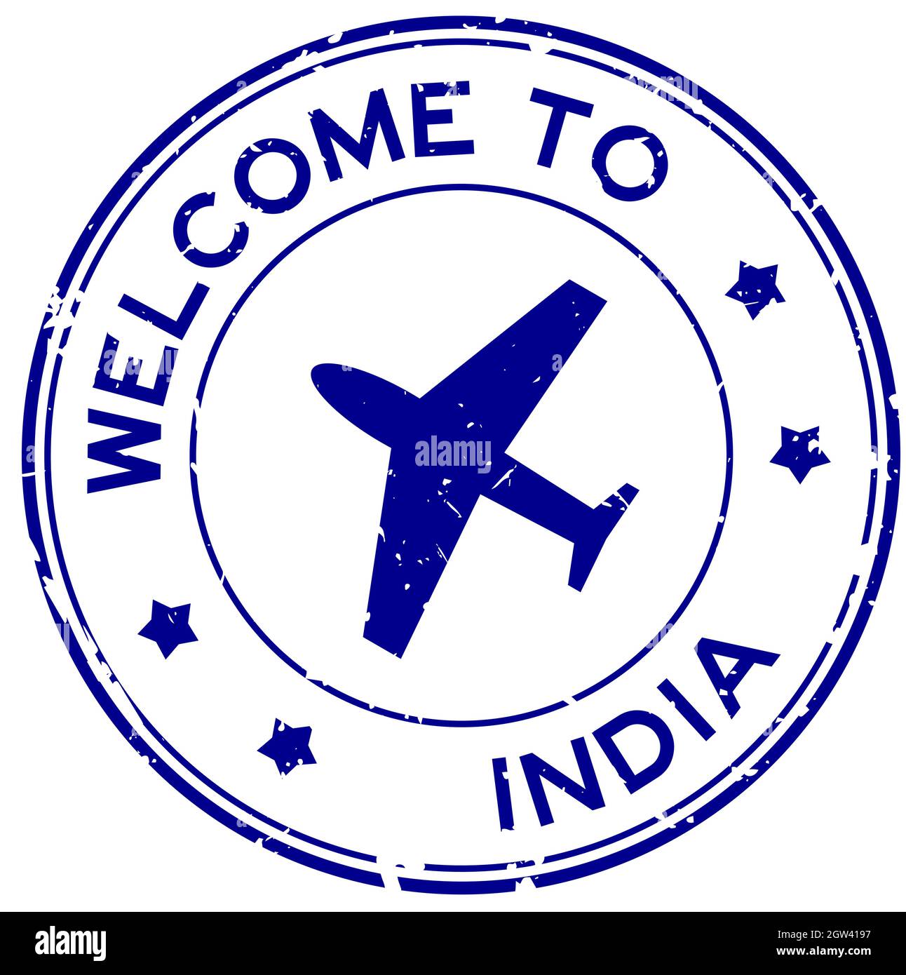 Grunge blue welcome to India word with airplane icon round rubber seal ...