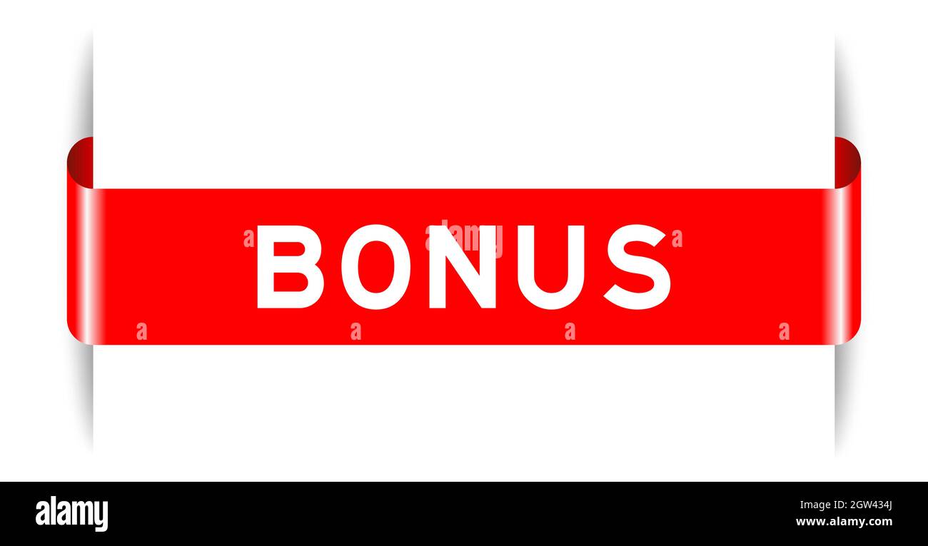 Red color inserted label banner with word bonus on white background ...