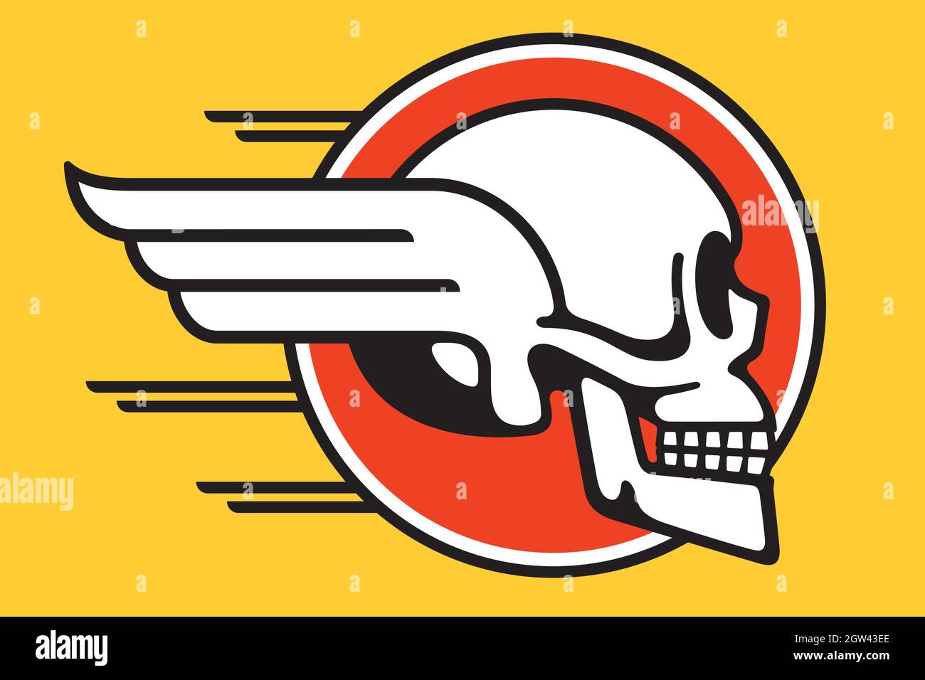Flying skull circular badge design with wings and speed lines. Vector ...