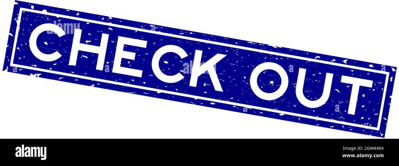 Grunge blue check out word square rubber seal stamp on white background ...