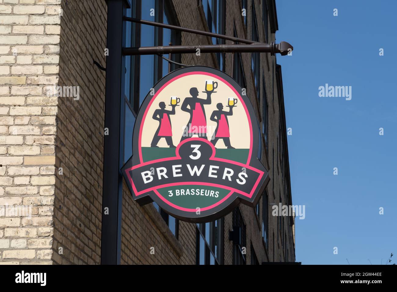 Toronto, Canada - October 2, 2021: Close up of 3 Brewers restaurant's ...