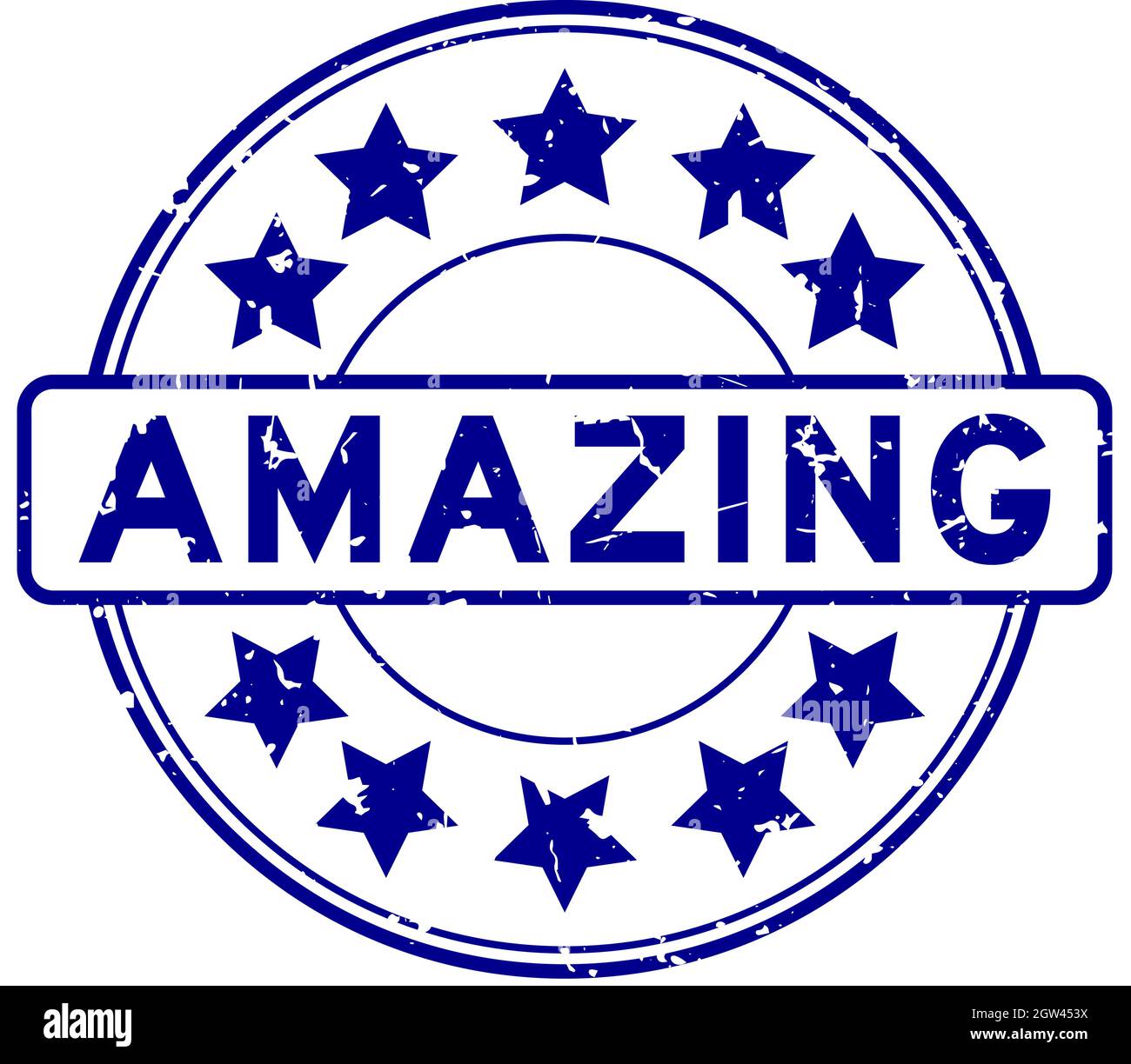 Grunge blue amazing word with star icon round rubber seal stamp on ...