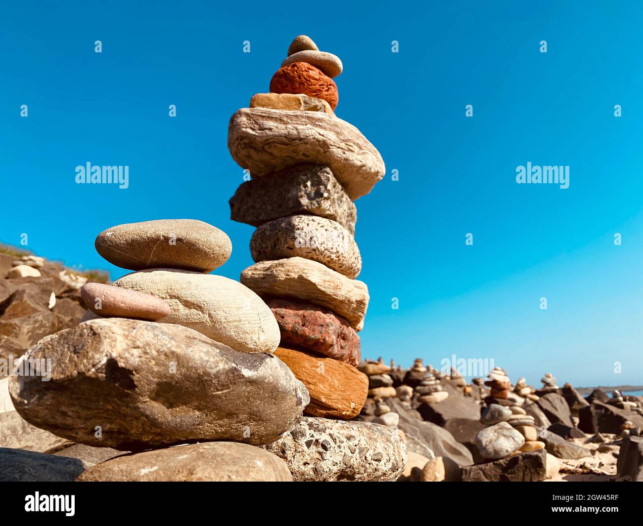 Pebble stacks on the beach at whitley bay hi-res stock photography and ...