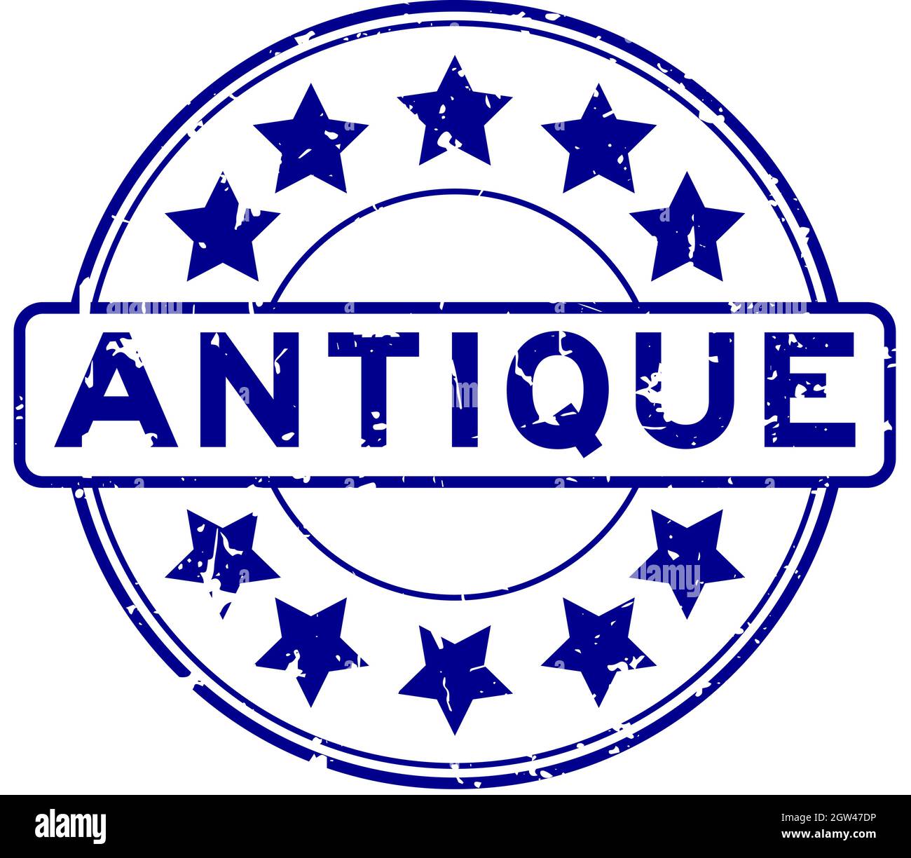 Grunge blue antique word with star icon round rubber seal stamp on ...