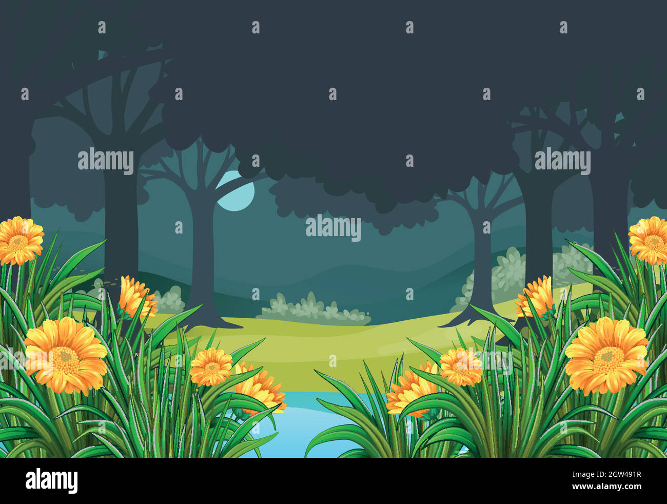 Night moon river trees Stock Vector Images - Alamy