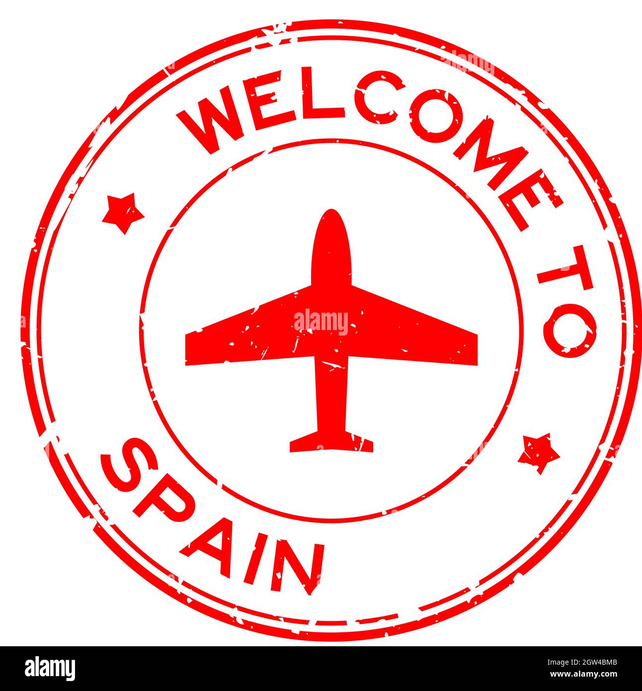 Grunge red welcome to Spain word with airplane icon round rubber seal ...