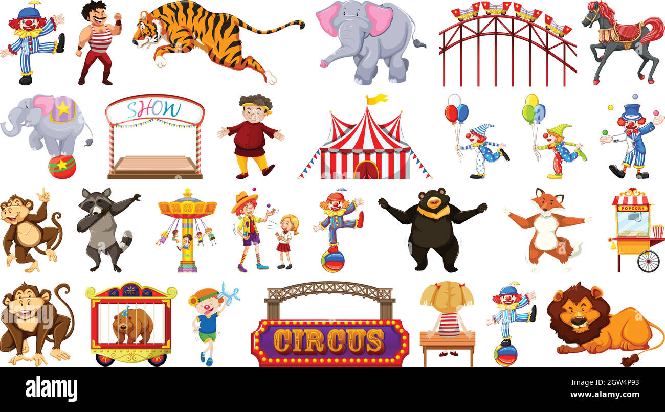 Circus set with animals rides and clowns on isolated background Stock ...