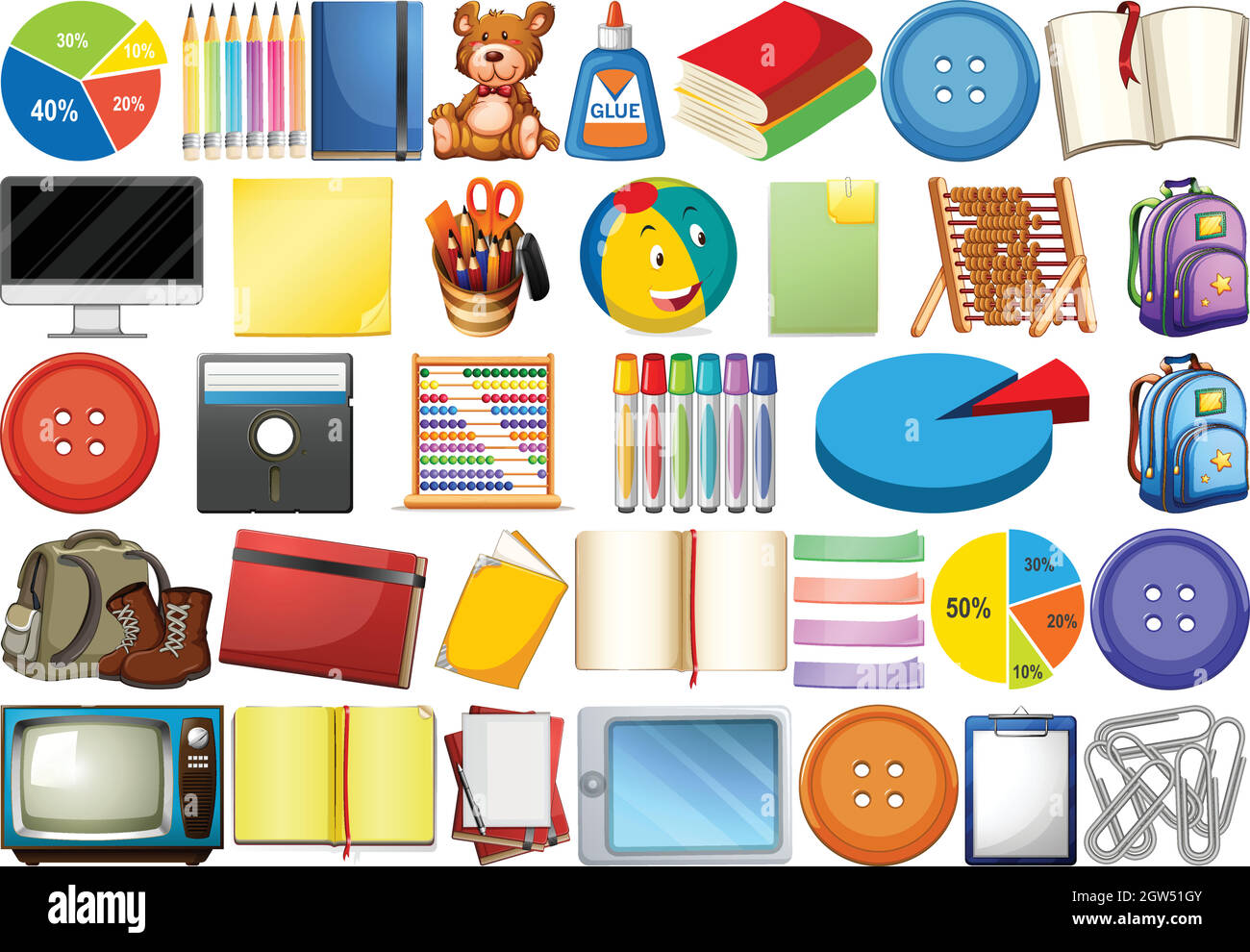 Assorted office, home and school related objects and toys isolated ...