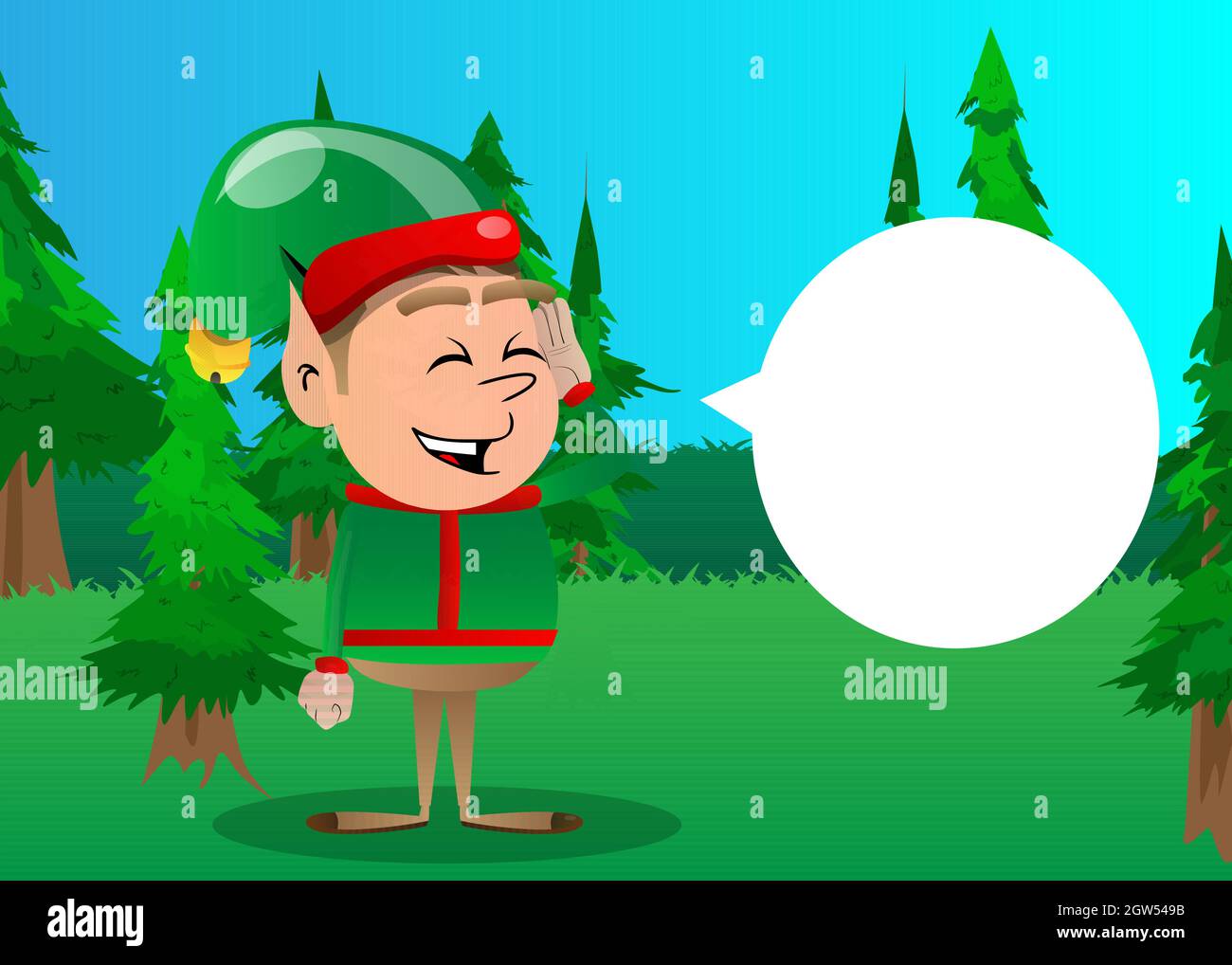 Christmas Elf holds hand at his ear, listening. Vector cartoon ...