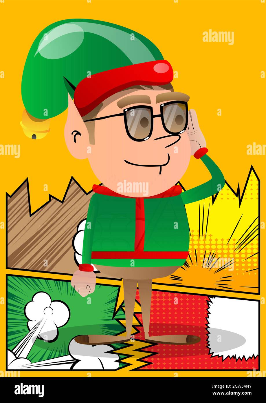 Christmas Elf holds hand at his ear, listening. Vector cartoon ...