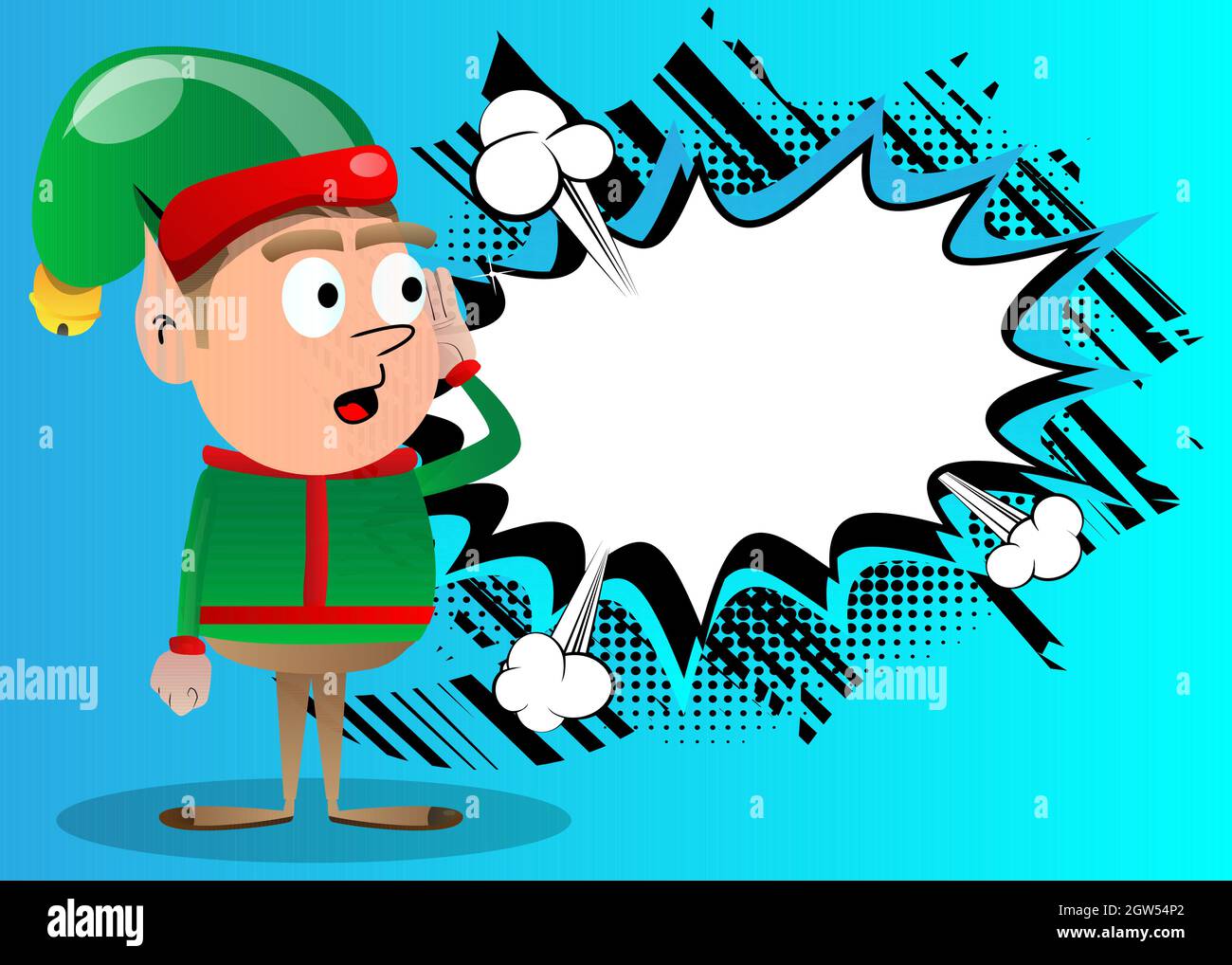 Christmas Elf holds hand at his ear, listening. Vector cartoon ...