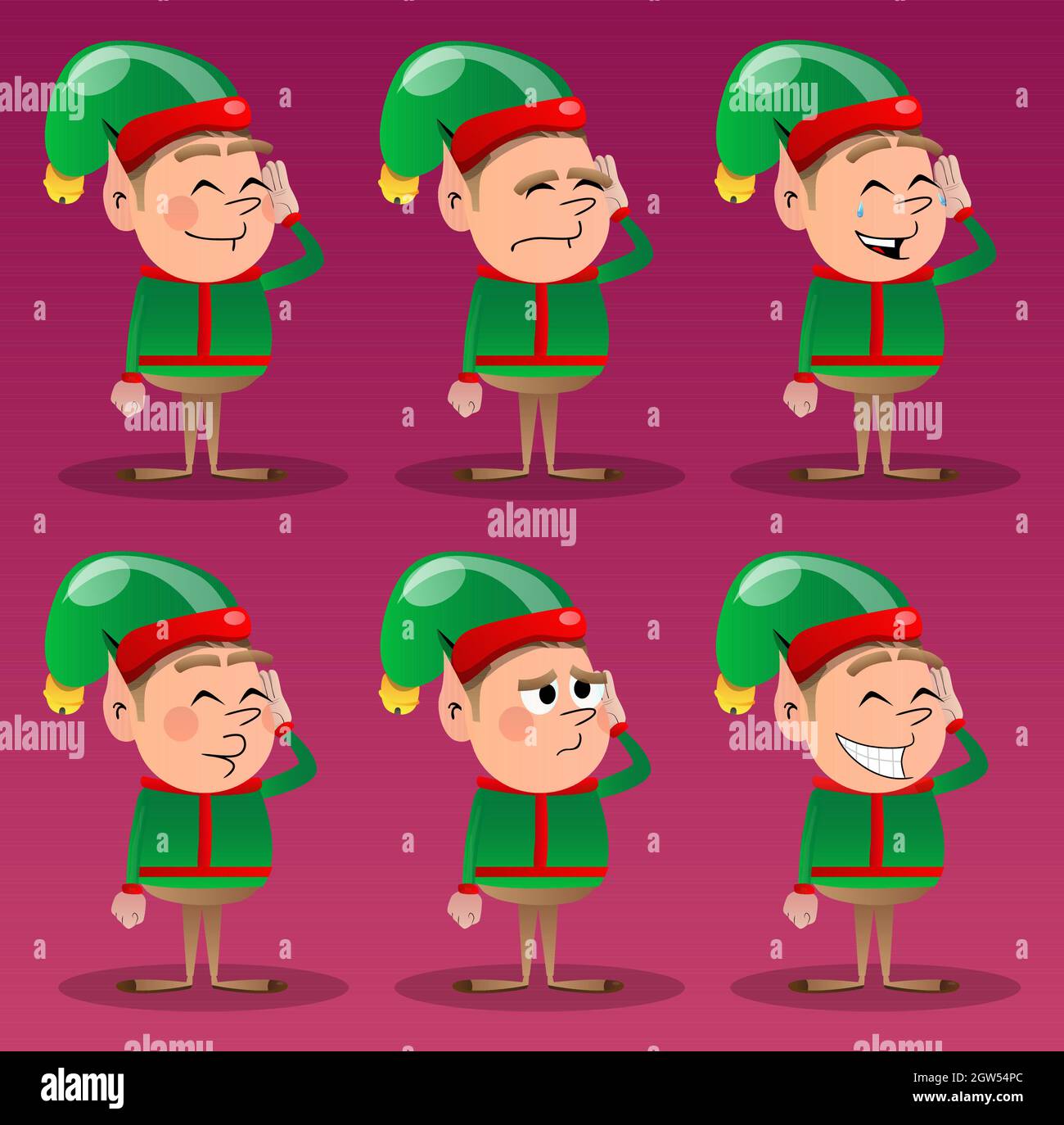 Christmas Elf holds hand at his ear, listening. Vector cartoon ...