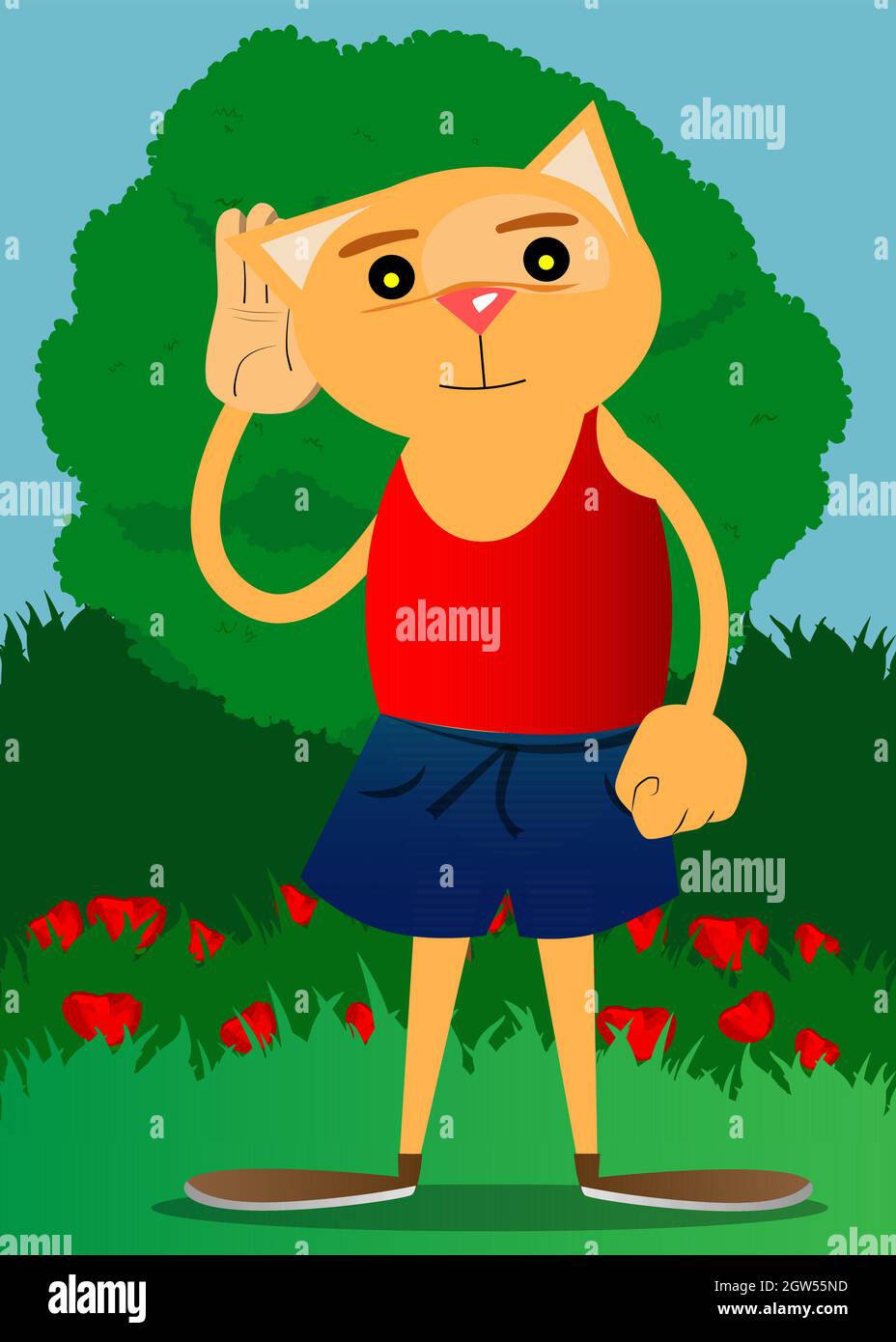 Funny cartoon cat holds hand at his ear, listening. Vector illustration ...