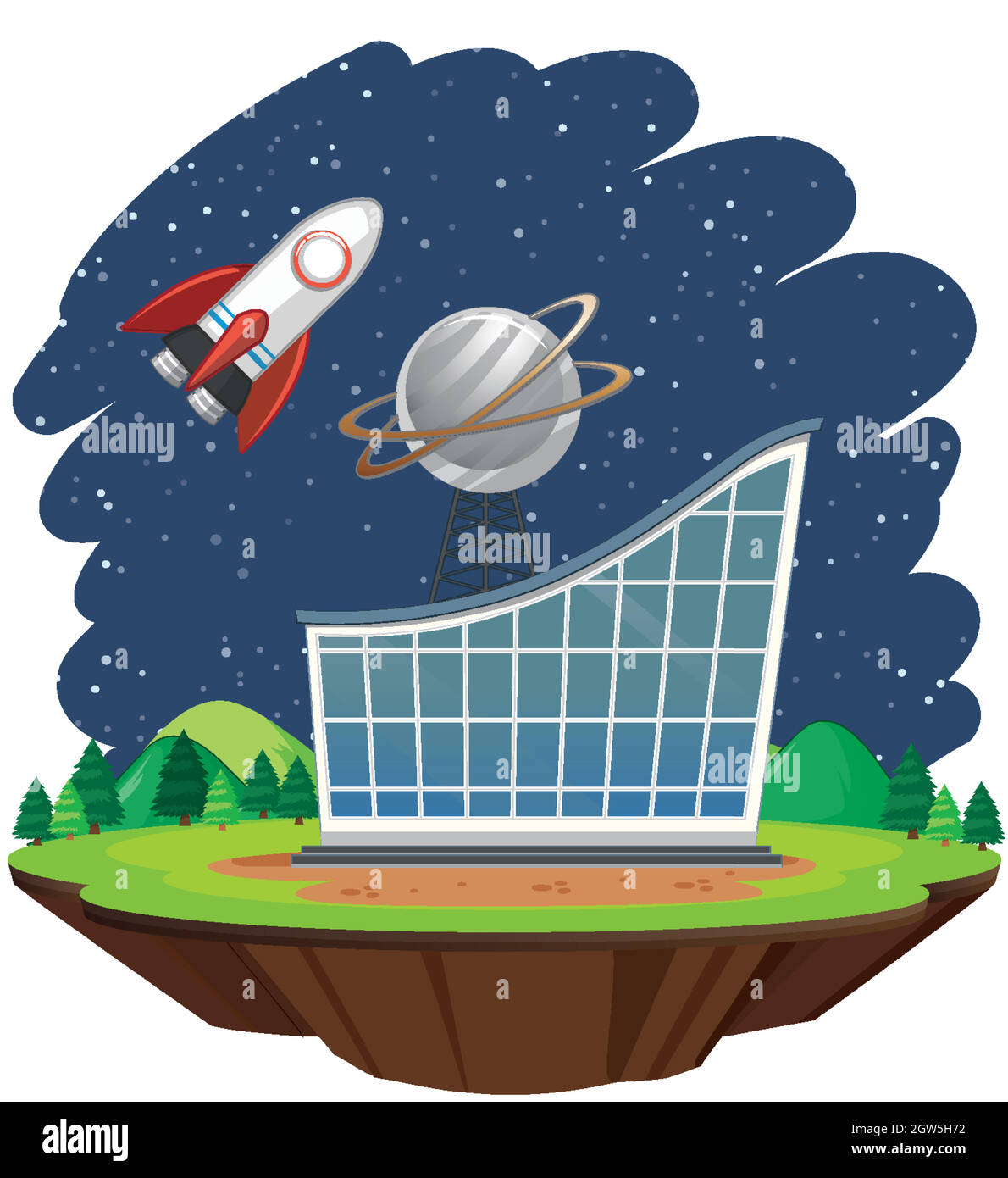 Scene with spaceship flying over big building Stock Vector Image & Art ...