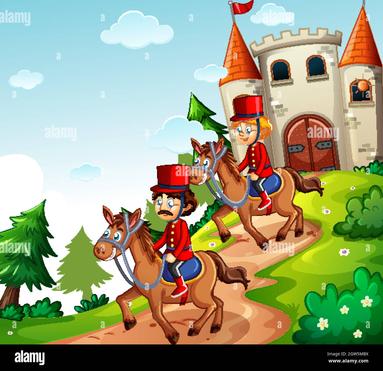 Fairytale scene with castle and soldier royal guard scene Stock Vector ...