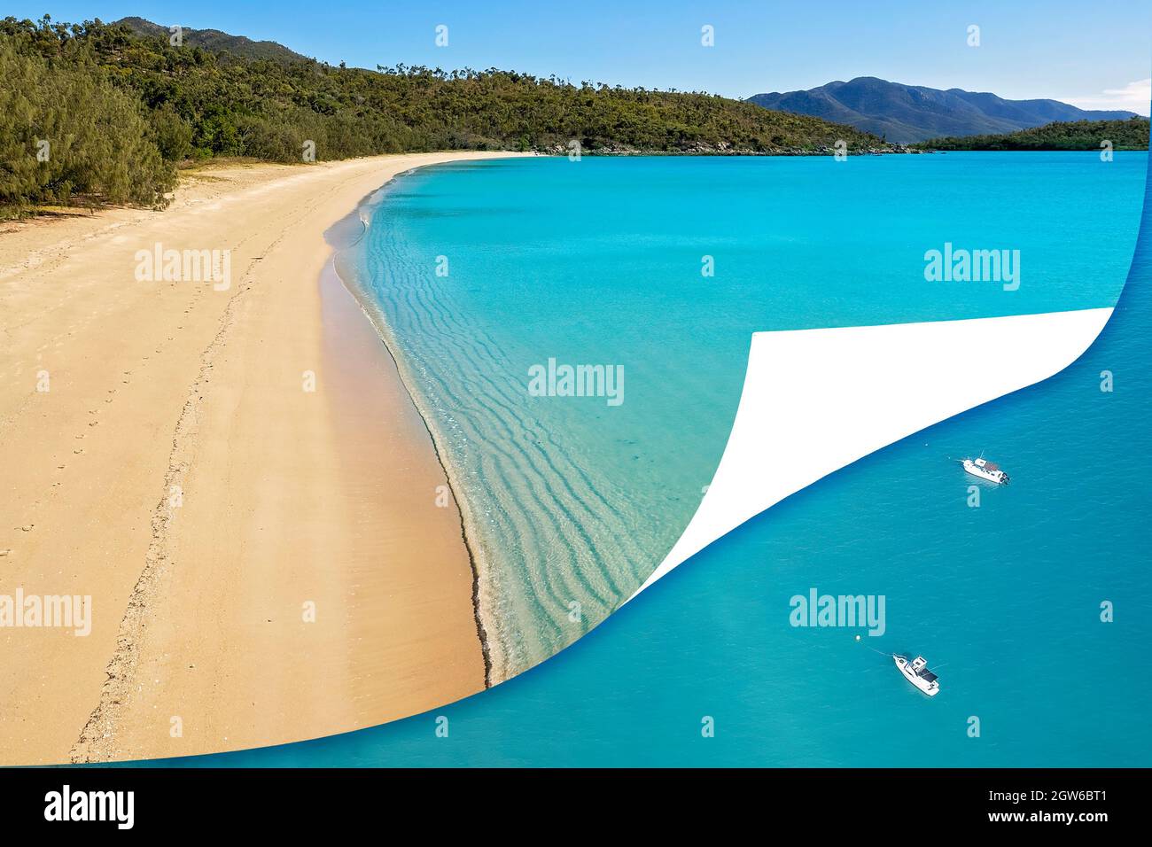 Aerial of sandy tropical beach with paper curl revealing two yachts on ...