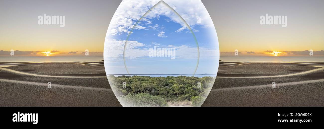 Panorama of ocean sunrise with inset bush under cloudy blue sky ...