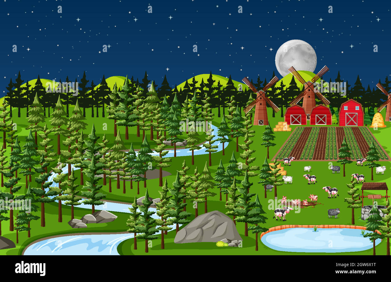Farm nature landscape at night scene Stock Vector Image & Art - Alamy